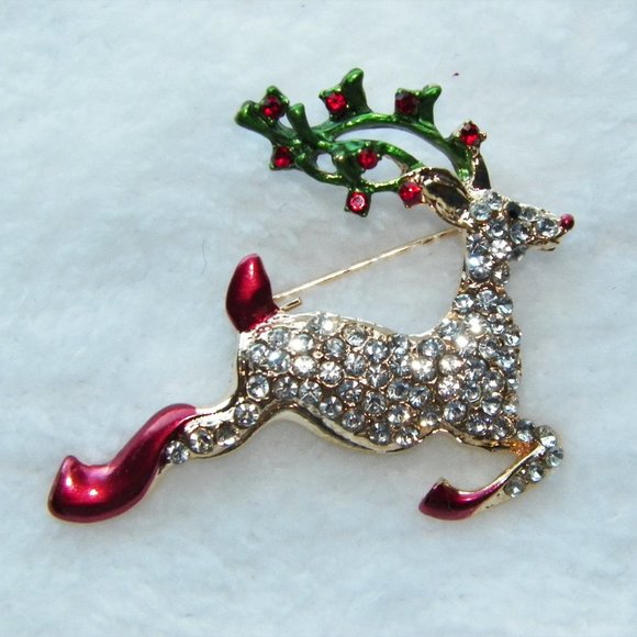Amanda Lee Jewelry | Jewelry | Gold Rhinestone Reindeer Brooch ...